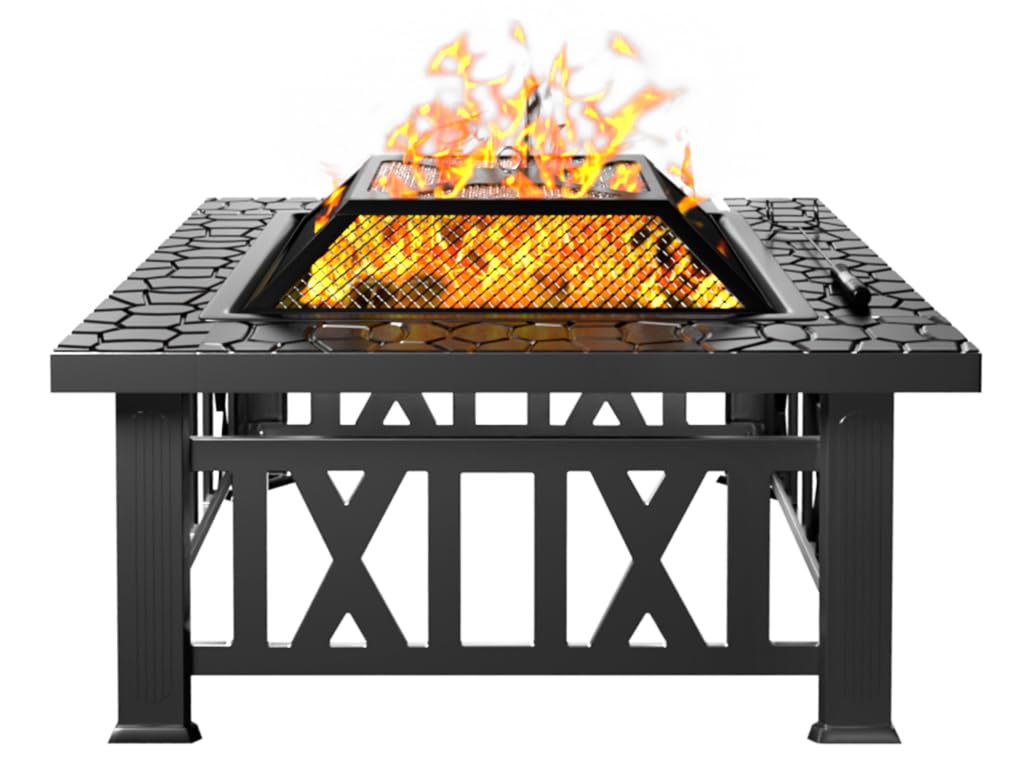 VECELO Outdoor Fire Pit Table, 32'' Square Firepit Stove, Multifunctional Fireplace with Sturdy Legs Spark Screen Lid and Poker, Perfect for Backyard Patio Garden Picnic, Faux-Stone Finish-Black