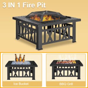 VECELO Outdoor Fire Pit Table, 32'' Square Firepit Stove, Multifunctional Fireplace with Sturdy Legs Spark Screen Lid and Poker, Perfect for Backyard Patio Garden Picnic, Faux-Stone Finish-Black