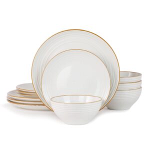 famiware jupiter dinnerware set, plates and bowls sets for 4, microwave and dishwasher safe, scratch resistant, 12 pieces dishes set, white