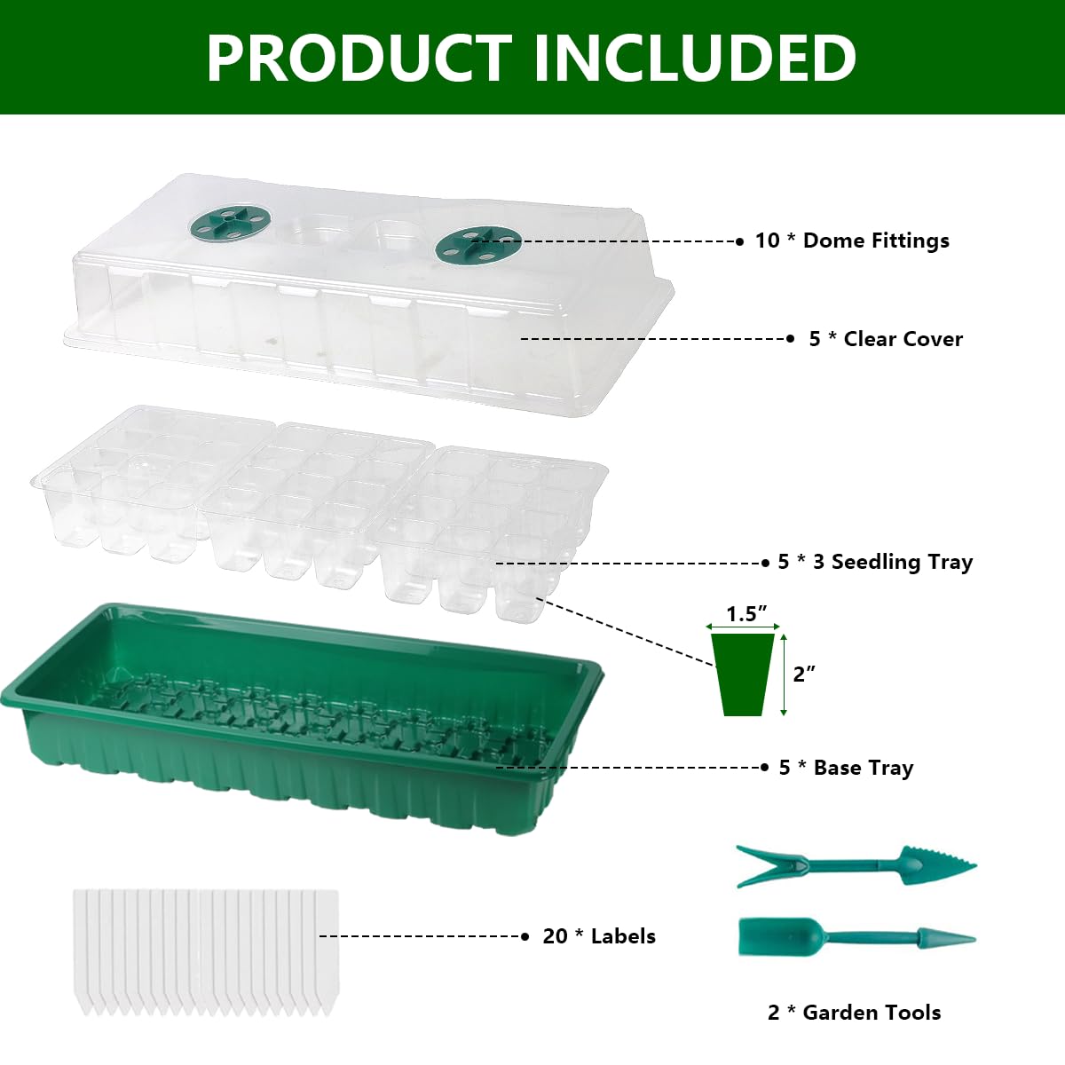 TVTUTPWY Seed Starting Trays, XL Thicken Plant Germination Kit with Humidity Dome Durable Growing Trays for Greenhouse & Gardens, 5 Pack 180 Cells - Green