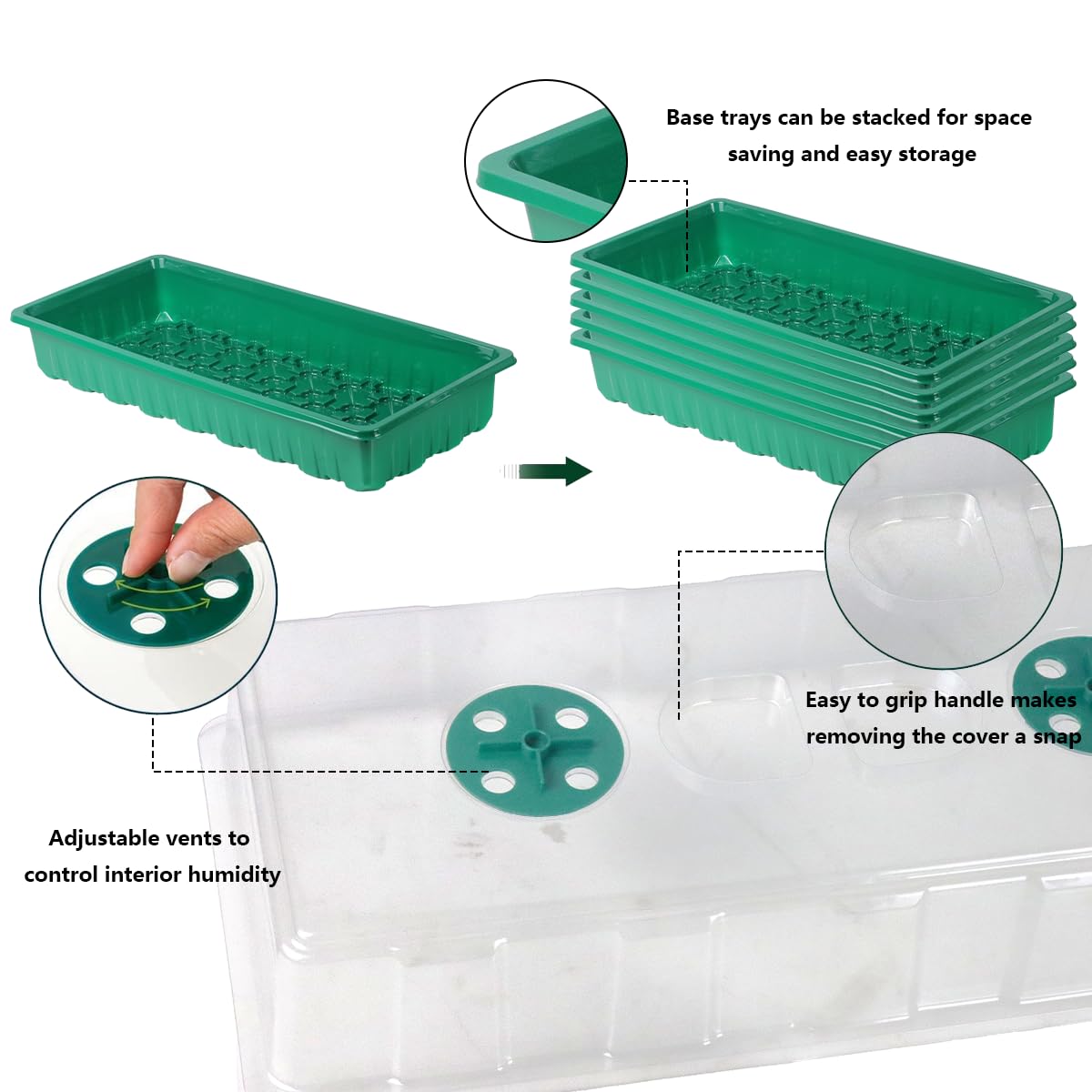 TVTUTPWY Seed Starting Trays, XL Thicken Plant Germination Kit with Humidity Dome Durable Growing Trays for Greenhouse & Gardens, 5 Pack 180 Cells - Green