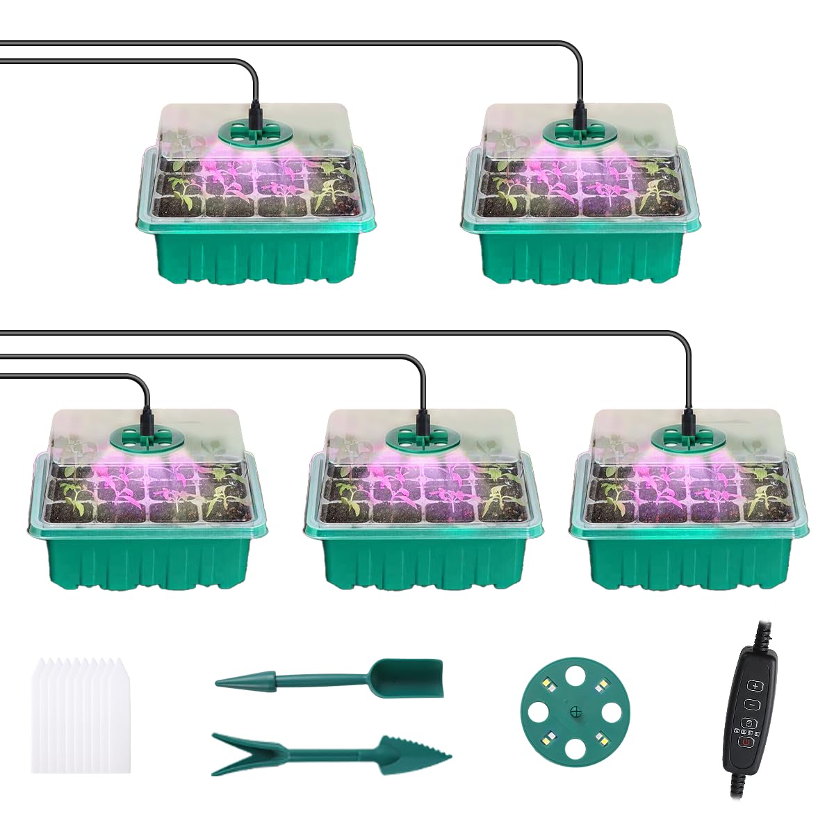 TVTUTPWY Seed Starter Tray with Grow Light, 5 Pack Plant Germination Kit with Timer Setting & 5 Dimmable Levels, Humidity Adjustable Greenhouse Trays with Domes for Seeds Growing Starting