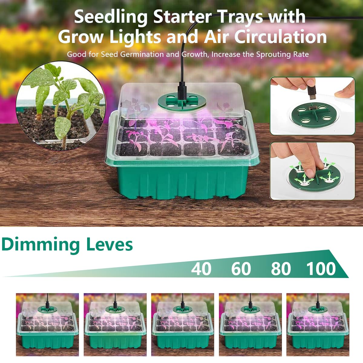 TVTUTPWY Seed Starter Tray with Grow Light, 5 Pack Plant Germination Kit with Timer Setting & 5 Dimmable Levels, Humidity Adjustable Greenhouse Trays with Domes for Seeds Growing Starting