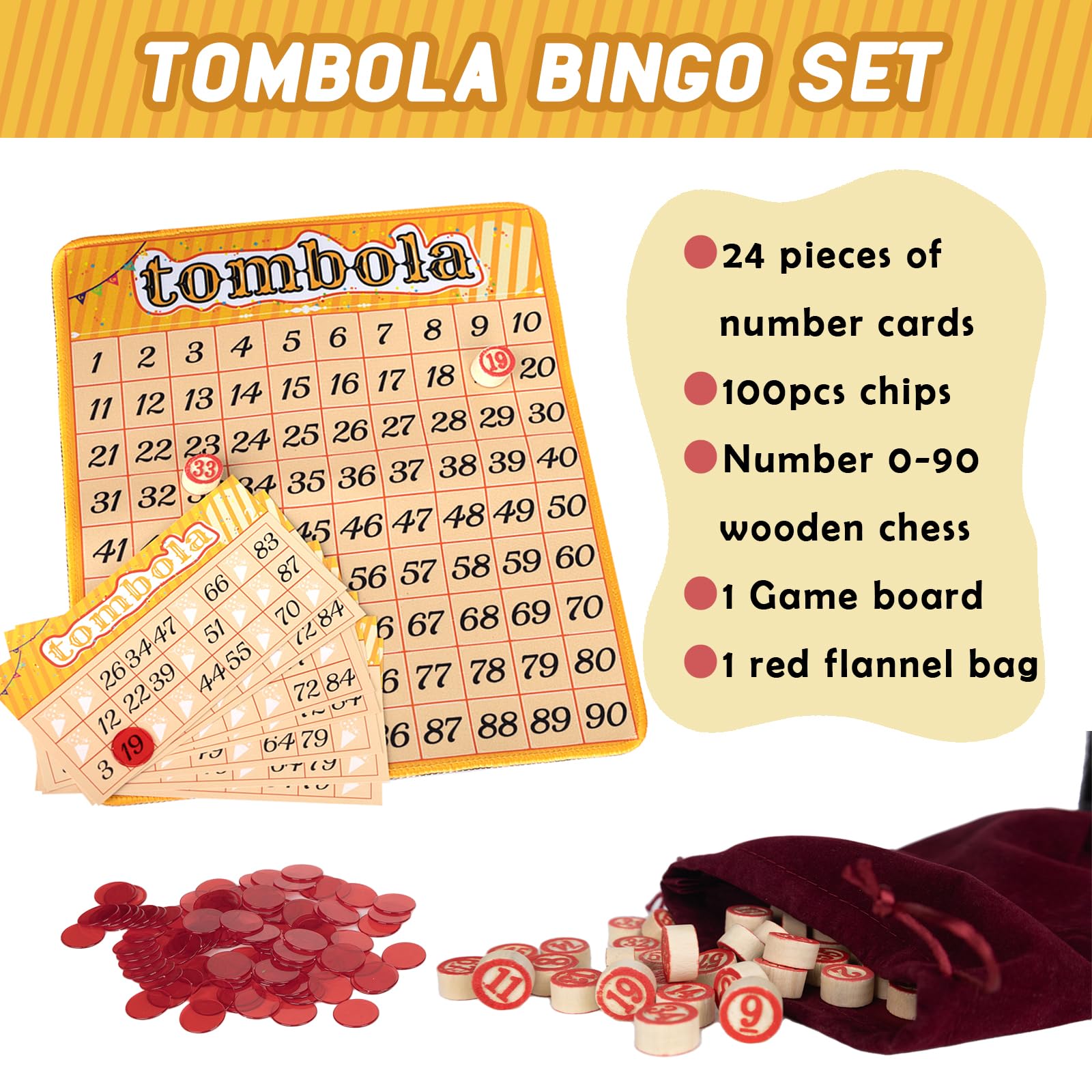 Extguds Tombola Bingo Game,Vintage Tombola Italian Game,Russian Lotto with number1-90 for Lottery, for up to 24 Players