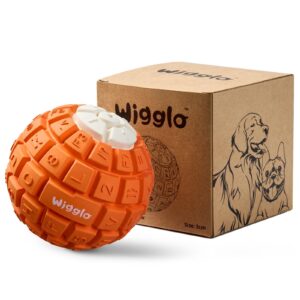 wigglo tough durable dog ball toy for aggressive chewers, natural rubber dog toy for large/medium dogs, 3.5" diameter dog ball chew toy, helps with dog separation anxiety, dishwasher safe, orange