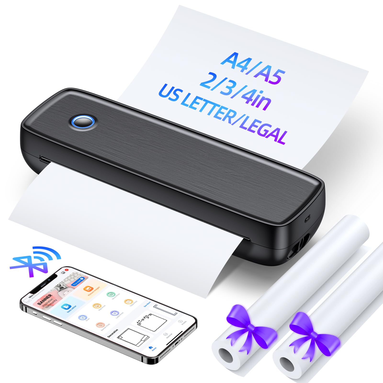 Aixiqee Portable-Wireless-Printer, Thermal-Bluetooth-Printer for Travel, Impact POS Printer Support 8.5" X 11" US Letter&Legal, A4&A5 Thermal Paper, Compatible with Android and iOS Phone&Laptop