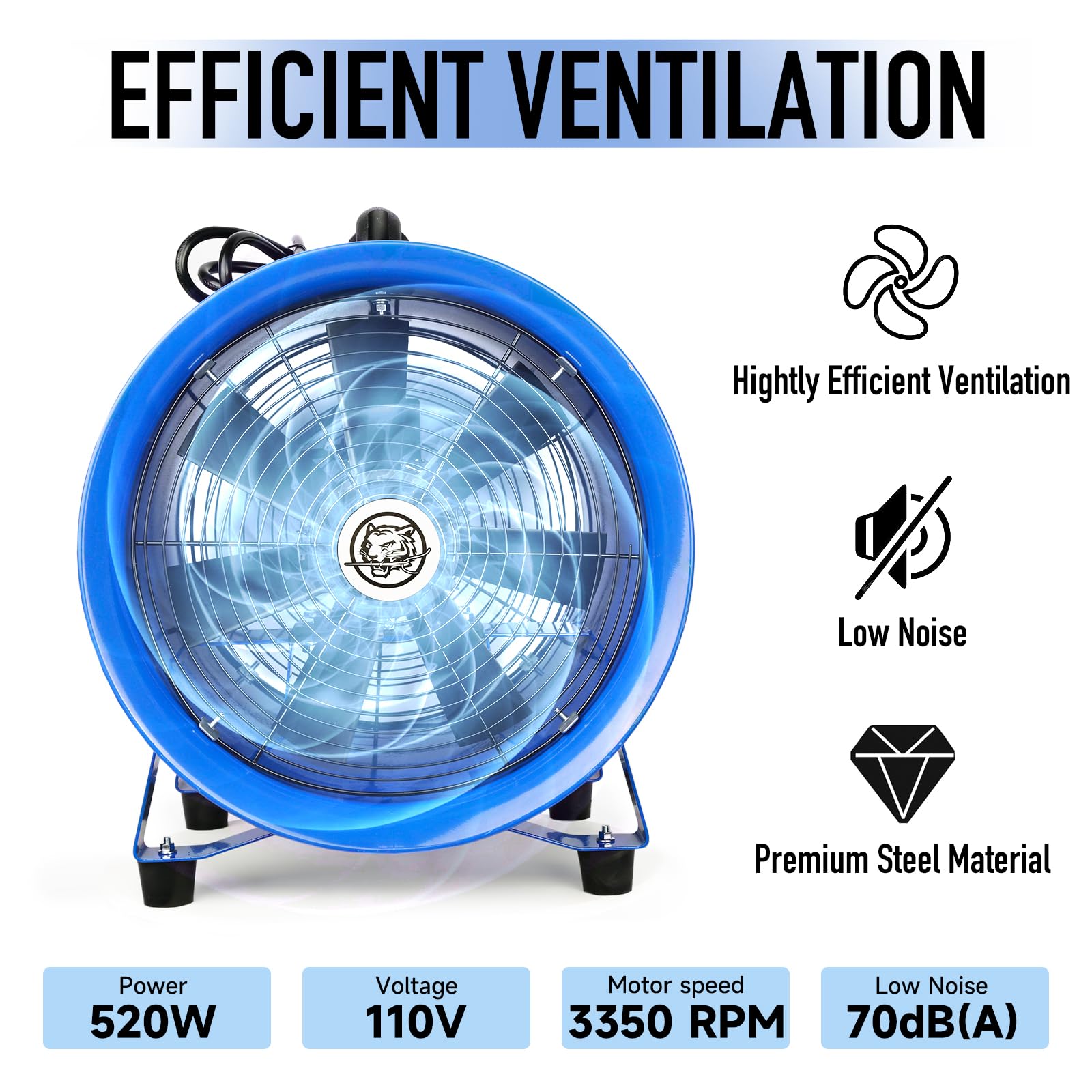 520W/12inches Utility Blower,3350 r/min High Velocity Low Noise Portable Ventilator Exhaust Fan with 33ft PVC Flexible Duct Hose, Heavy Duty Cylinder Fan for Home,Workplace Fume Exhaust & Ventilation