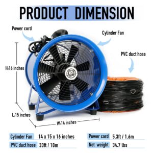 520W/12inches Utility Blower,3350 r/min High Velocity Low Noise Portable Ventilator Exhaust Fan with 33ft PVC Flexible Duct Hose, Heavy Duty Cylinder Fan for Home,Workplace Fume Exhaust & Ventilation