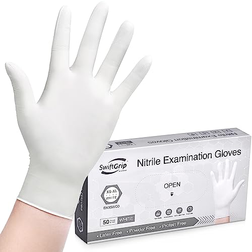 SwiftGrip Disposable Nitrile Exam Gloves, 3-mil, Small, Box of 50, White Nitrile Gloves Disposable Latex Free for Medical, Cleaning, Cooking & Esthetician, Food-Safe, Powder-Free, Non-Sterile