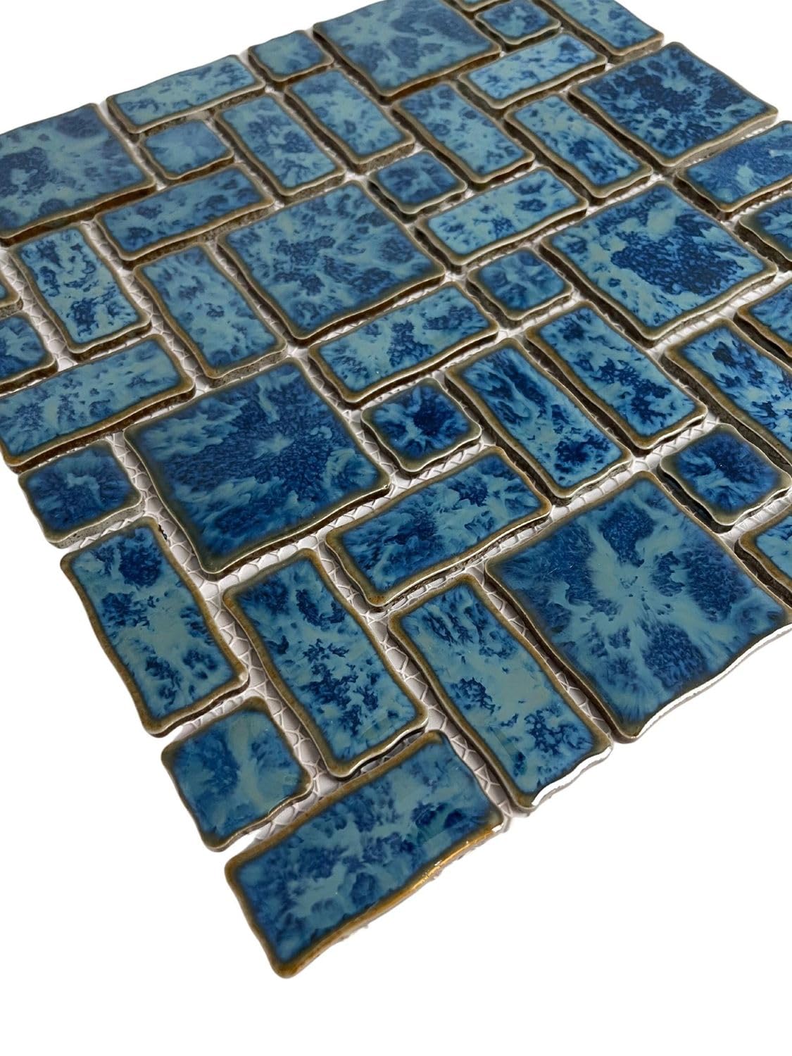 Tenedos TGLFD-RDM-PL Seawater Bluish Green Random Sized Porcelain Glazed Pool Mosaic Floor and Wall Tile for Backsplash, Kitchen, Bathroom, Swimming Pool (1 Sheet)