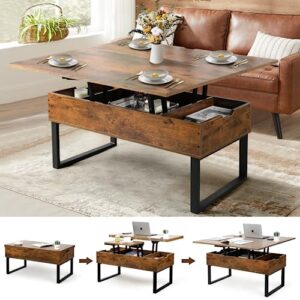 smool lift top coffee table, 3 in 1 multi-function with hidden compartment for living room, modern lift coffee table converts to dining table for reception, rustic brown