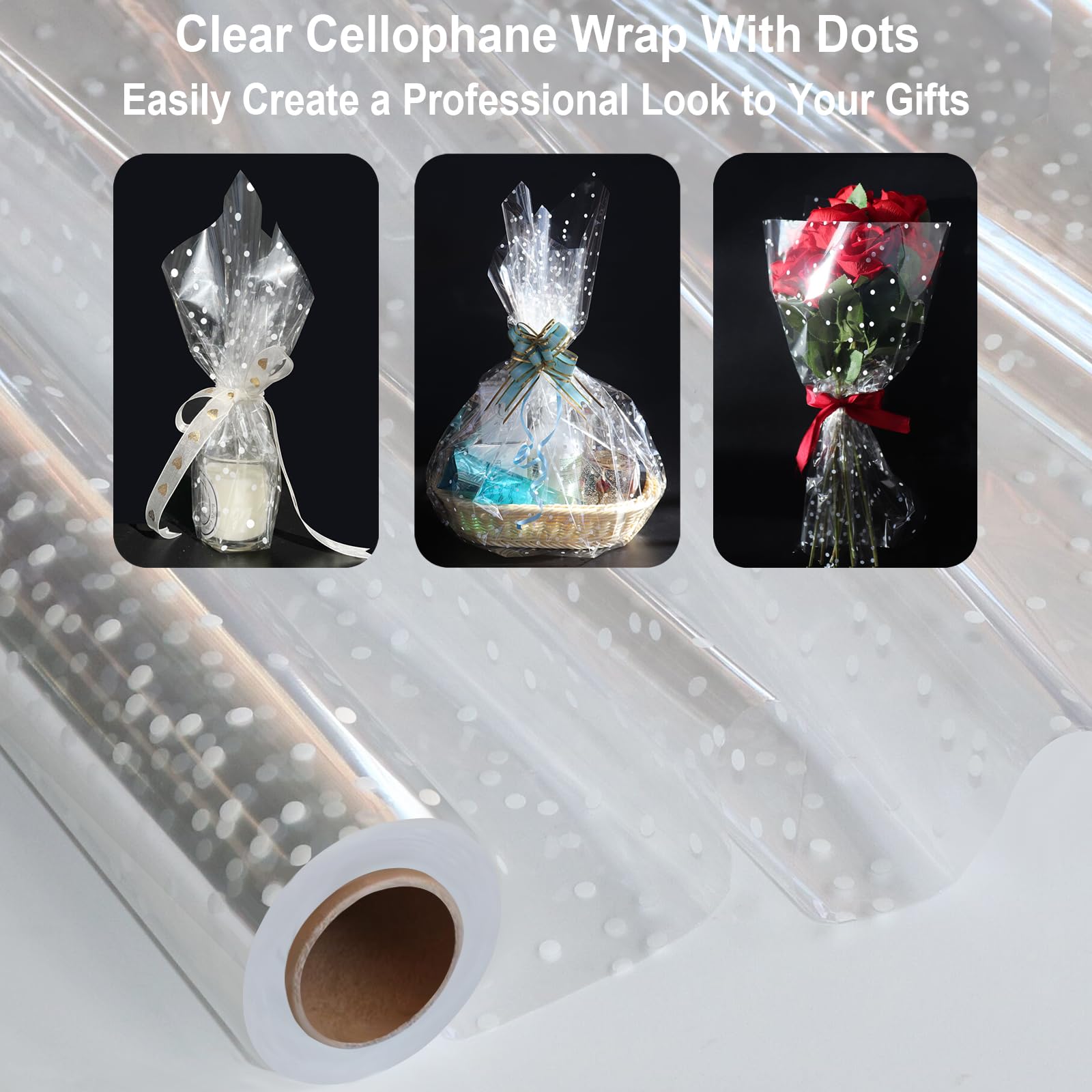 100 ftx34 in Extra Wide Clear Cellophane Wrap Roll with Irregular White Dot, Transparent Thicker Cellophane Roll, Gift Baskets Wrap Cellophane Film for Treats, Gifts, Holiday, Christmas Wrapping