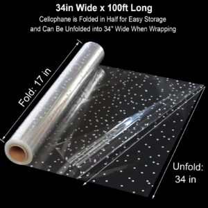 100 ftx34 in Extra Wide Clear Cellophane Wrap Roll with Irregular White Dot, Transparent Thicker Cellophane Roll, Gift Baskets Wrap Cellophane Film for Treats, Gifts, Holiday, Christmas Wrapping