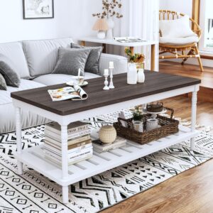 cheemhom farmhouse coffee table - 43" oblong solid wood table with storage shelf, rustic vintage living room table brown/white