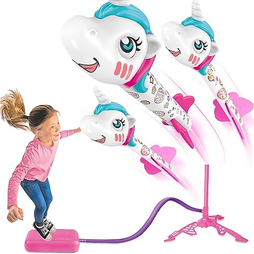 YOTOY Unicorn Rocket Launcher for Kids - Fun Outdoor Toys Launch of up to 100 Ft, 3 Unicorn Rockets, Gifts for 3 4 5 6 7 Years Old Girls and Boys