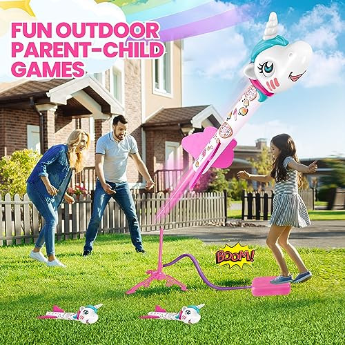 YOTOY Unicorn Rocket Launcher for Kids - Fun Outdoor Toys Launch of up to 100 Ft, 3 Unicorn Rockets, Gifts for 3 4 5 6 7 Years Old Girls and Boys