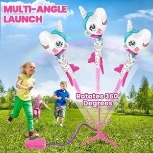 YOTOY Unicorn Rocket Launcher for Kids - Fun Outdoor Toys Launch of up to 100 Ft, 3 Unicorn Rockets, Gifts for 3 4 5 6 7 Years Old Girls and Boys