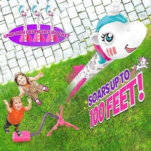 YOTOY Unicorn Rocket Launcher for Kids - Fun Outdoor Toys Launch of up to 100 Ft, 3 Unicorn Rockets, Gifts for 3 4 5 6 7 Years Old Girls and Boys