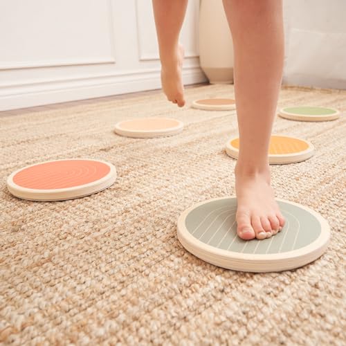 Fun Wooden Stepping Stones for Kids - Perfect Toddler Indoor Activity To Improve Balance And Coordination Skills - Safe Non-Slip Obstacle Course And Sensory Toy Set of 6 for Ages 1-3, 3-4