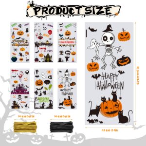 OWill 120 Pcs Halloween Cellophane Treat Bags,Halloween Candy Bags with130 Pcs Gold and Black Twist Ties, Trick or Treat Goodie Bags for Halloween Party Supply-10.6 * 5.1 inch