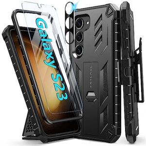 FNTCASE for Samsung Galaxy S23 Case : with Belt-Clip Holster & Kickstand Heavy Duty Rugged Shockproof Protective Phone Shell | Military Grade Protection Durable Cover for Galaxy S23 - Black