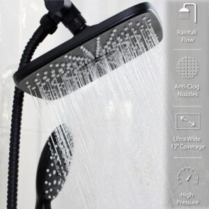 Veken 12 Inch High Pressure Rain Shower Head -Shower Heads with 5 Modes Handheld Spray Combo- Wide RainFall shower with 70" Hose - Adjustable Dual Showerhead with Anti-Clog Nozzles- Matte Black