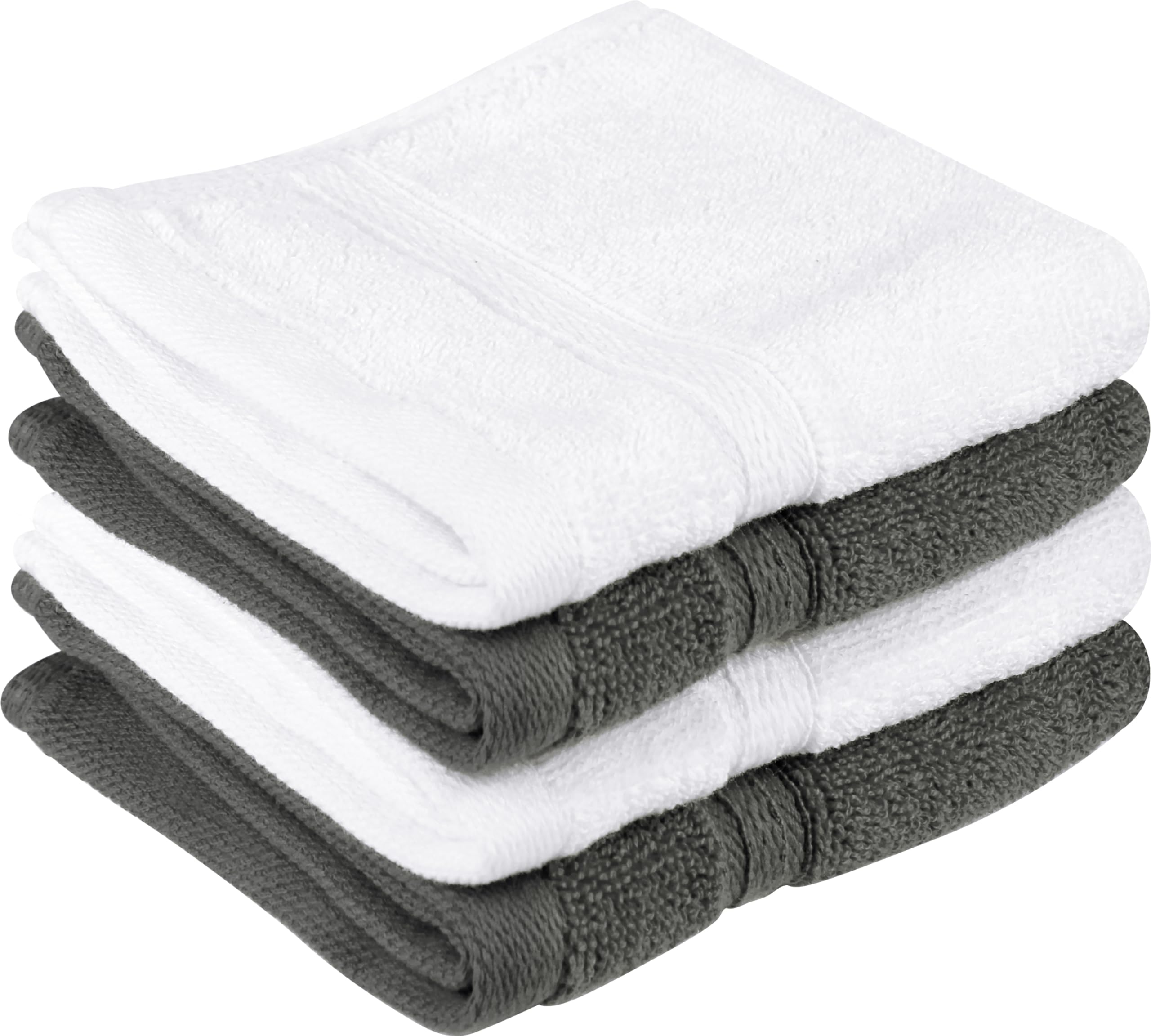 Towel and Linen Mart 100% Cotton - Wash Cloth Set - Pack of 4, Luxurious, Highly Absorbent and Soft Feel Perfect for Daily Use (12 x 12 4 PK White & Grey)