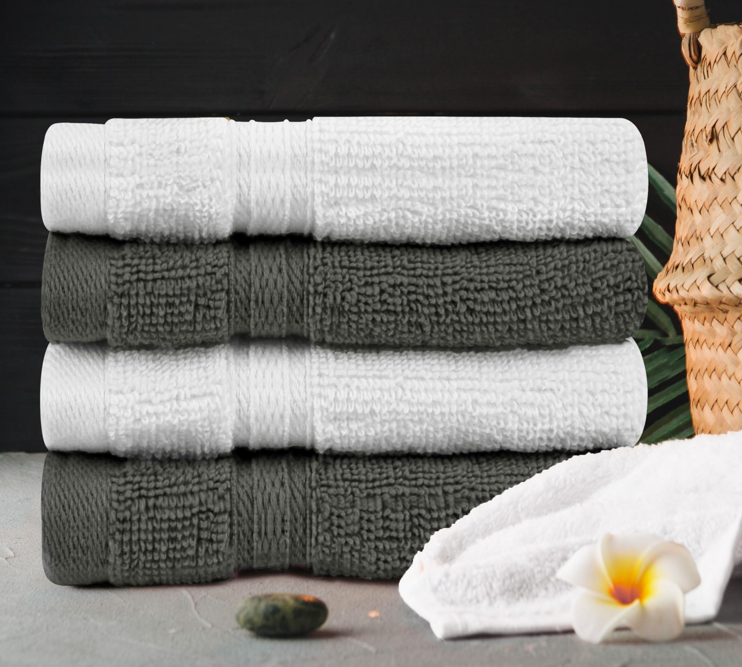 Towel and Linen Mart 100% Cotton - Wash Cloth Set - Pack of 4, Luxurious, Highly Absorbent and Soft Feel Perfect for Daily Use (12 x 12 4 PK White & Grey)