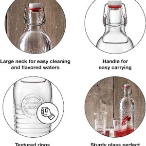 Bormioli Rocco Officina 1825 set or 2 Glass Bottles 37.25 oz, Italian Pitchers, Airtight Seal & Metal Clamp, Easy To Carry Handle, Dishwasher Safe & Eco-Friendly, Safe For Infused & Carbonated Drinks.