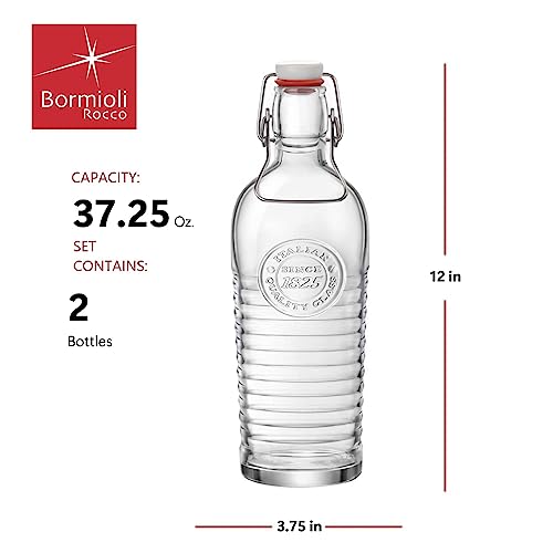 Bormioli Rocco Officina 1825 set or 2 Glass Bottles 37.25 oz, Italian Pitchers, Airtight Seal & Metal Clamp, Easy To Carry Handle, Dishwasher Safe & Eco-Friendly, Safe For Infused & Carbonated Drinks.