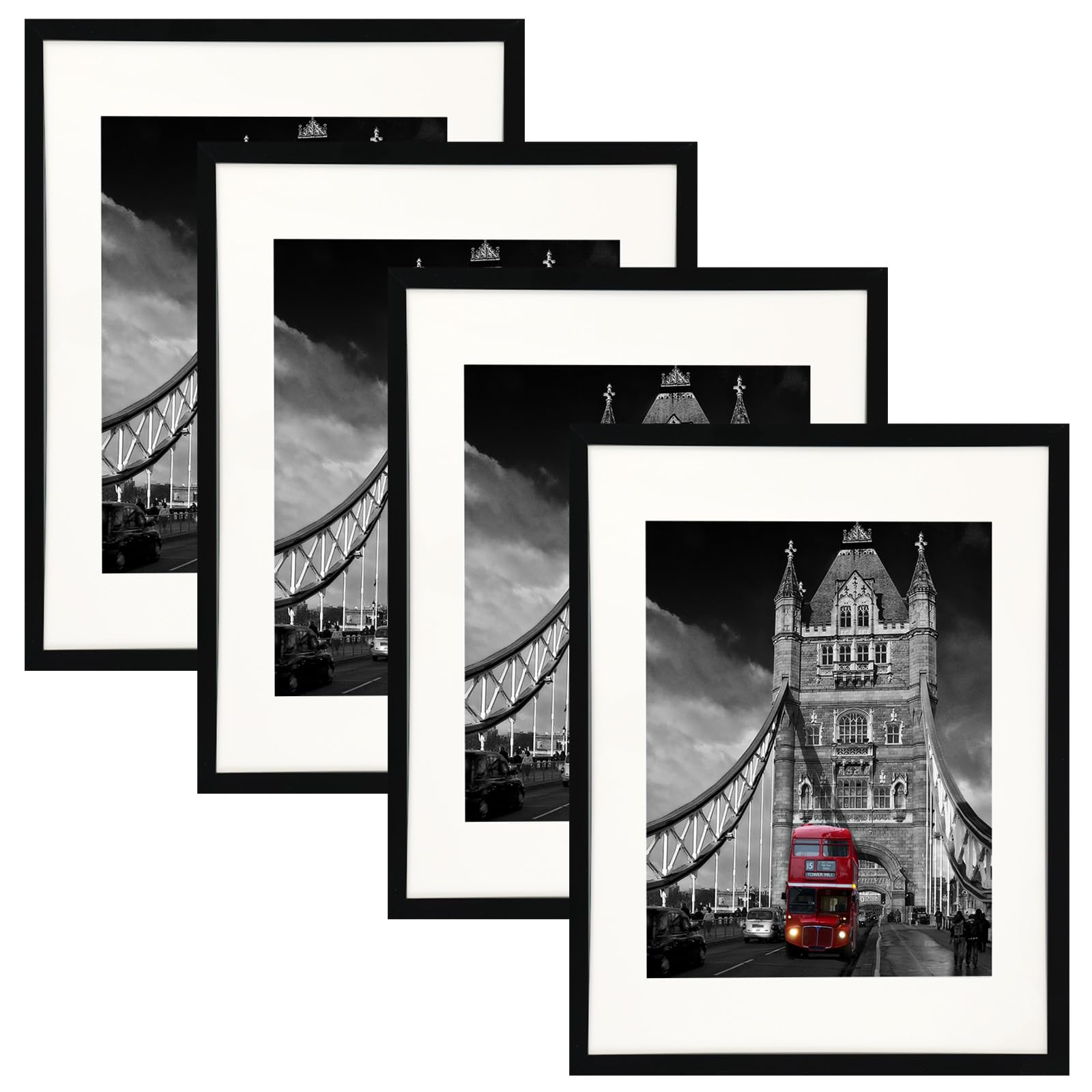 Fixwal 12 x 16 Black Picture Frame Set of 4, Display 9 x 12 Picture with Mat or 12x16 without Mat for Wall Hanging Display