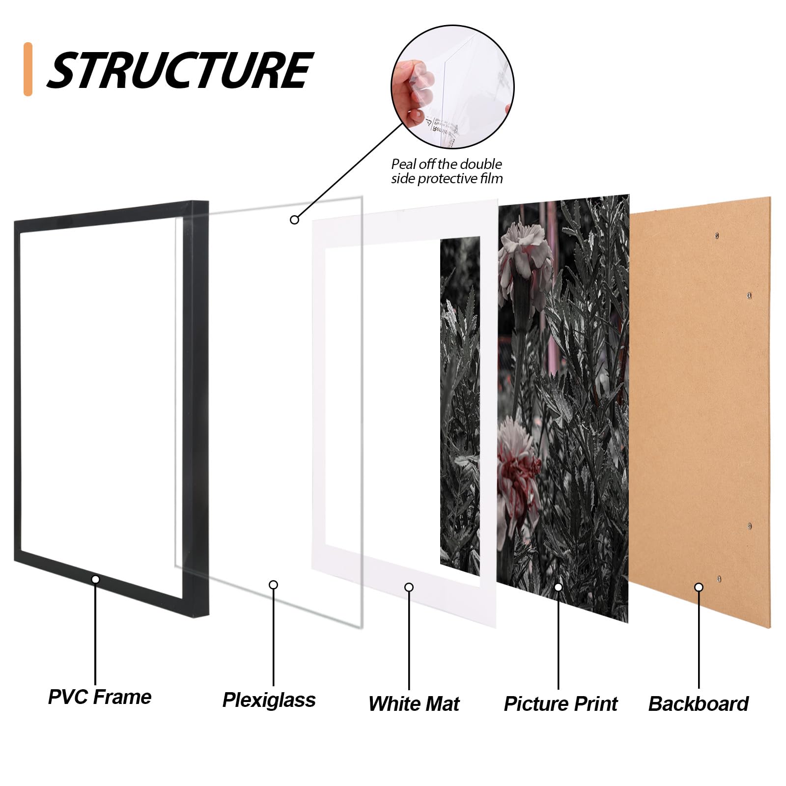 Fixwal 12 x 16 Black Picture Frame Set of 4, Display 9 x 12 Picture with Mat or 12x16 without Mat for Wall Hanging Display