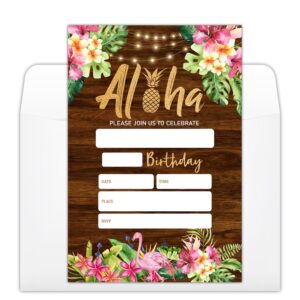 hawaiian aloha birthday party invitations cards with envelopes, summer pool party invitations, tropical summer birthday celebration supplies, double-sided fill-in bday invites for boys girls- a11