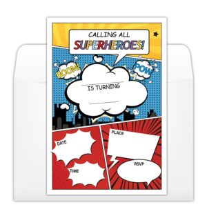 yuexll comic superhero birthday party invitations cards with envelopes, calling all superheros party invitations, birthday celebration supplies, double-sided fill-in bday invites for boys girls- a35