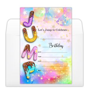 yuexll jumping birthday party invitations cards with envelopes, candy chocolate pink stars party invitations, birthday celebration supplies, double-sided fill-in bday invites for boys girls- a22