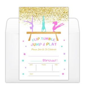 yuexll gymnastics birthday party invitations cards with envelopes, gymnastics party invitations, jump birthday celebration supplies, double-sided fill-in bday invites for boys girls- a21