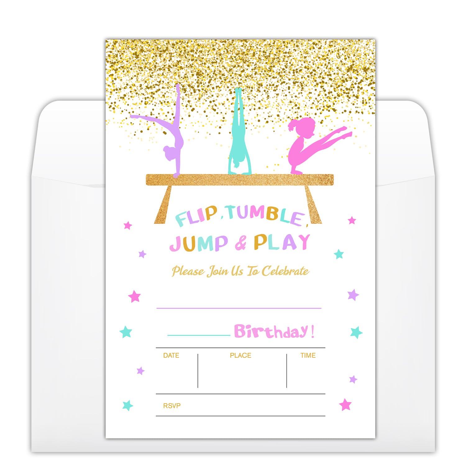 YUEXLL Gymnastics Birthday Party Invitations Cards with Envelopes, Gymnastics Party Invitations, Jump Birthday Celebration Supplies, Double-sided Fill-in bday Invites for Boys Girls- A21