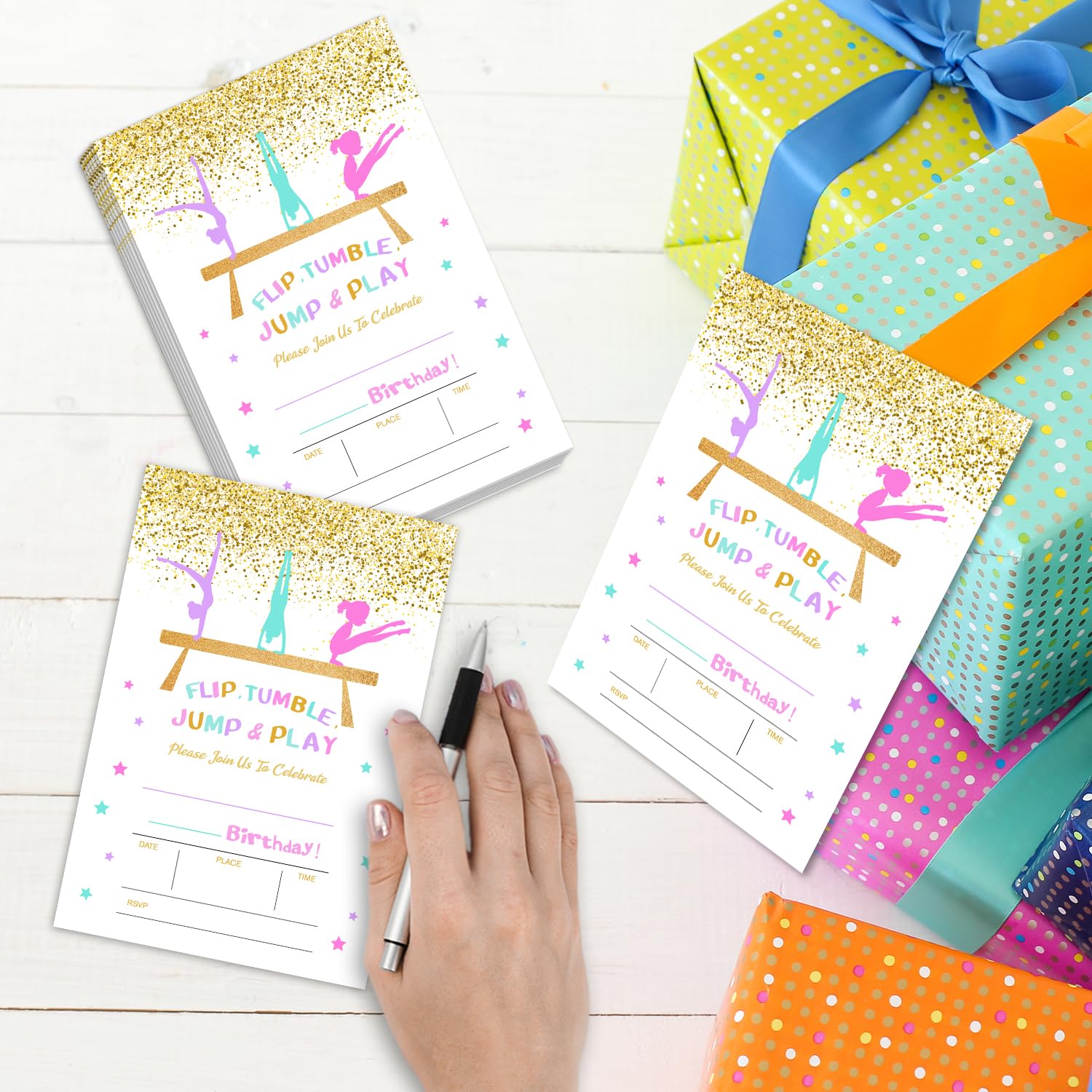 YUEXLL Gymnastics Birthday Party Invitations Cards with Envelopes, Gymnastics Party Invitations, Jump Birthday Celebration Supplies, Double-sided Fill-in bday Invites for Boys Girls- A21