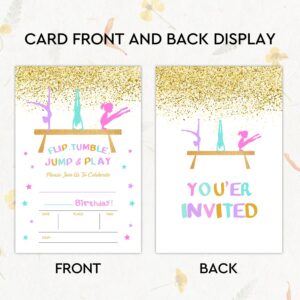 YUEXLL Gymnastics Birthday Party Invitations Cards with Envelopes, Gymnastics Party Invitations, Jump Birthday Celebration Supplies, Double-sided Fill-in bday Invites for Boys Girls- A21