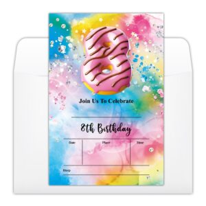 8th tie dye candy chocolate birthday party invitations cards with envelopes, rainbow pink stars party invitations, birthday celebration supplies, double-sided fill-in bday invites for boys girls- b04