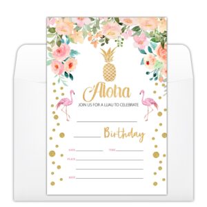 hawaiian aloha luau floral birthday party invitations cards with envelopes, tropical summer party invitations, birthday celebration supplies, double-sided fill-in bday invites for boys girls- a09