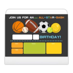 25 all star sport birthday party invitations cards with envelopes, basketball baseball football party invitations, birthday celebration supplies, double-sided fill-in bday invites for boys girls- a01