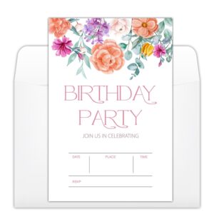 yuexll floral birthday party invitations cards with envelopes, rose floral party invitations, birthday celebration supplies, double-sided fill-in bday invites for boys girls- a31