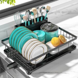 merrybox dish drying rack dish racks for kitchen counter sink with drainboard black rustproof drying rack kitchen dish drainer with widened leak-proof spout, large 3-compartment utensil holder