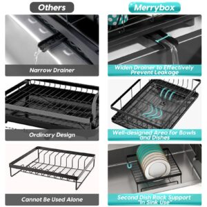 MERRYBOX Dish Drying Rack Dish Racks for Kitchen Counter Sink with Drainboard Black Rustproof Drying Rack Kitchen Dish Drainer with Widened Leak-Proof Spout, Large 3-Compartment Utensil Holder