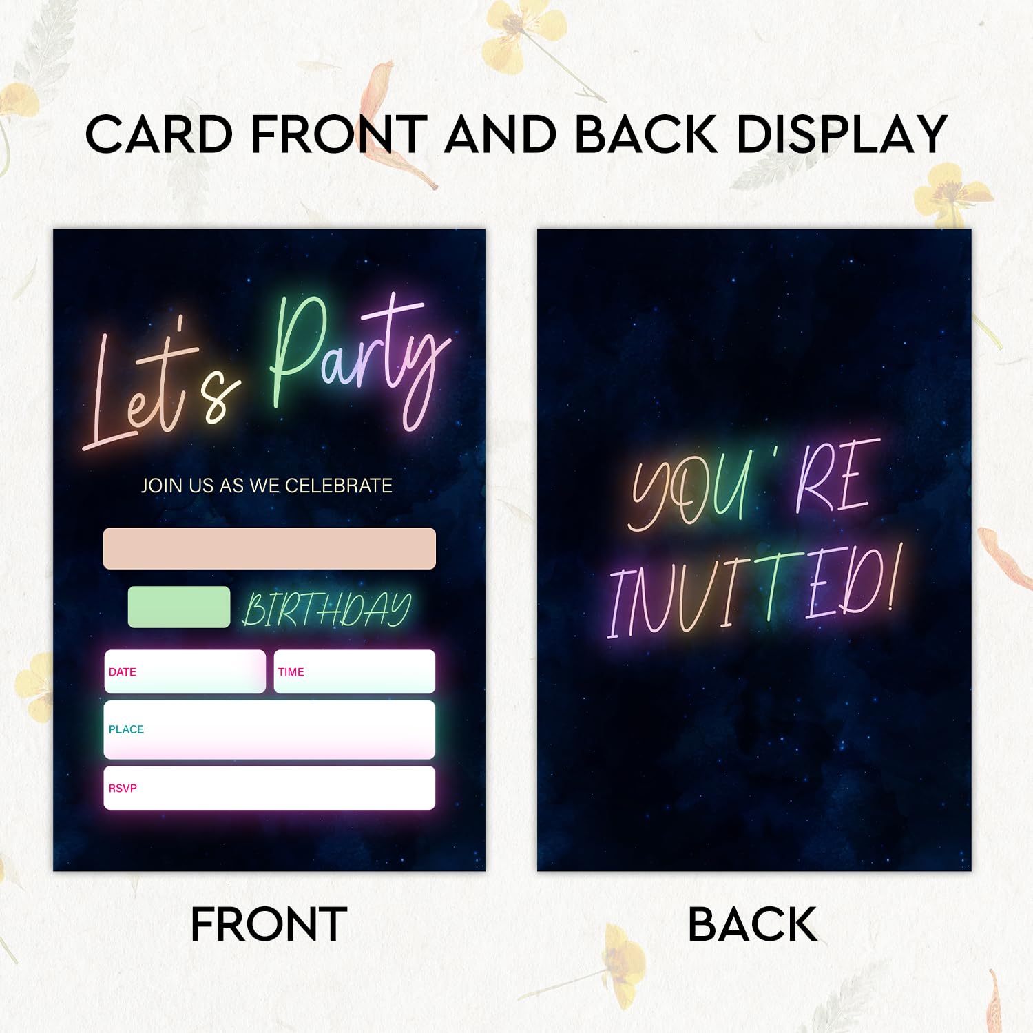 YUEXLL Neon Let's Party Birthday Party Invitations Cards with Envelopes, Neon Glow Party Invitations, Birthday Celebration Supplies, Double-sided Fill-in bday Invites for Boys Girls- A17