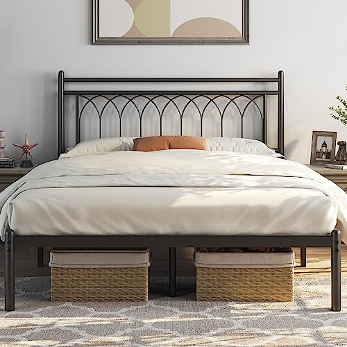 Yaheetech Queen Bed Frame, Metal Platform Bed with Modern Style Petal Accented Headboard, Mattress Foundation with Spacious Underbed Storage, No Box Spring Needed, Easy Assembly, Black Queen Bed