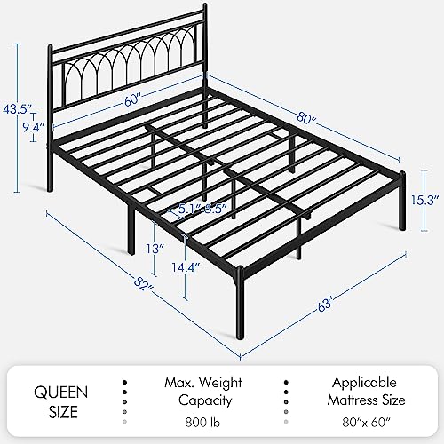 Yaheetech Queen Bed Frame, Metal Platform Bed with Modern Style Petal Accented Headboard, Mattress Foundation with Spacious Underbed Storage, No Box Spring Needed, Easy Assembly, Black Queen Bed