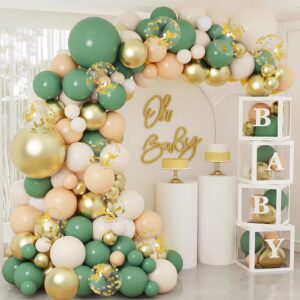 sage green baby shower decorations for boy or girl - 136pcs baby shower decor, baby shower balloon boxes with green gold balloon arch garland kit, safari jungle baby shower, gender reveal, boy girl