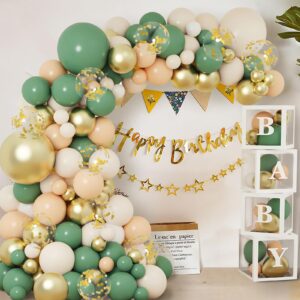 Sage Green Baby Shower Decorations for Boy or Girl - 136pcs Baby Shower Decor, Baby Shower Balloon Boxes with Green Gold Balloon Arch Garland Kit, Safari Jungle Baby Shower, Gender Reveal, Boy Girl